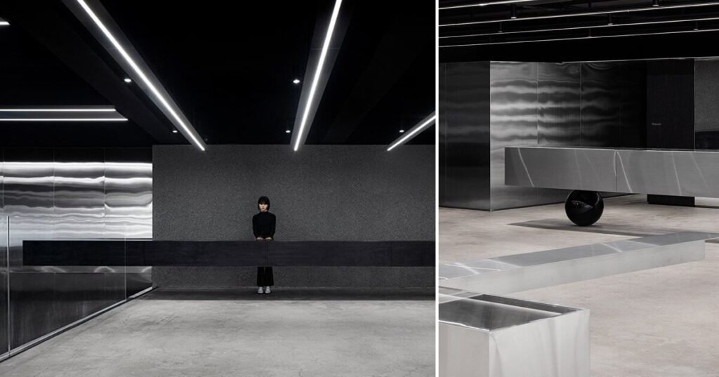 linear floating elements and reflective surfaces form this retail store ...